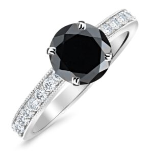 houston diamond district 1.3 carat 14k white gold classic side stone pave set with milgrain engagement ring a 1 black center (heirloom quality)