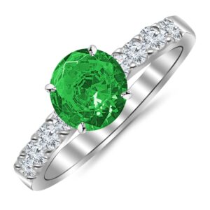 2 carat 14k white gold classic prong set diamond engagement ring with a 1.5 carat natural emerald center (heirloom quality)