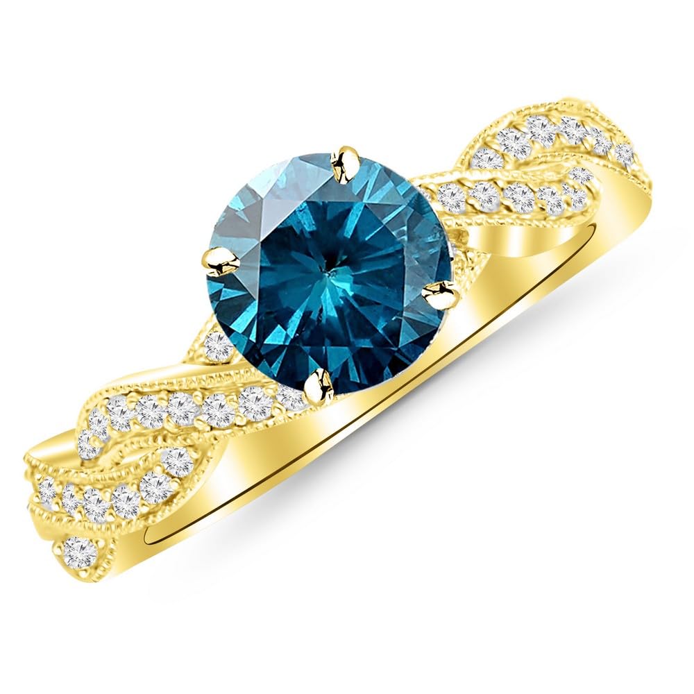 1.28 Carat 14K Yellow Gold Twisting Designer Eternity Love Split Shank Diamond Engagement Ring With Milgrain with a 1 Carat Blue Diamond Center (Heirloom Quality)