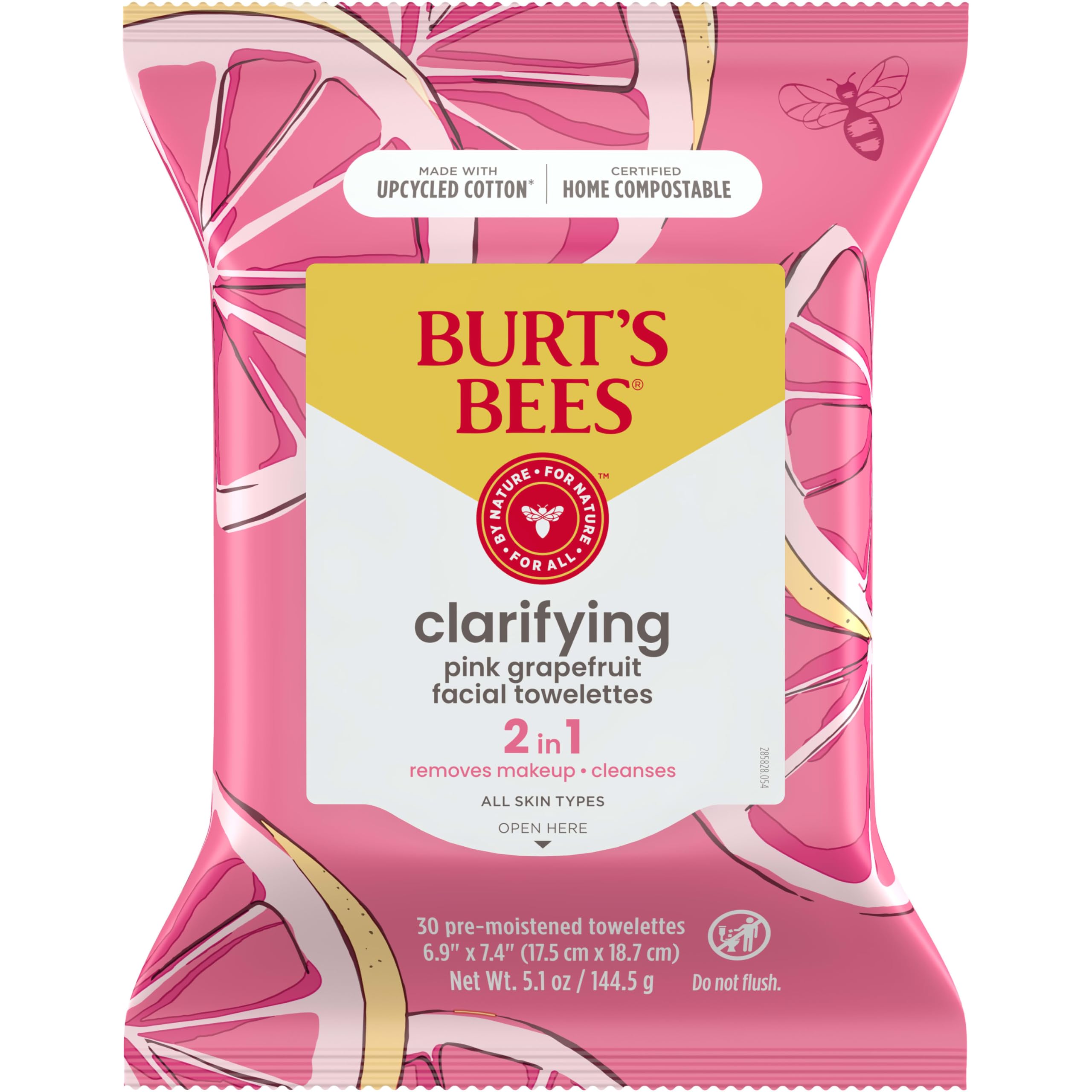 Burt's Bees Clarifying Facial Towelettes With Pink Grapefruit, Pre-Moistened Towelettes for All Skin Types, 99 Percent Natural Origin Skin Care, 30 ct. Package