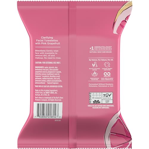 Burt's Bees Clarifying Facial Towelettes With Pink Grapefruit, Pre-Moistened Towelettes for All Skin Types, 99 Percent Natural Origin Skin Care, 30 ct. Package