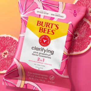 Burt's Bees Clarifying Facial Towelettes With Pink Grapefruit, Pre-Moistened Towelettes for All Skin Types, 99 Percent Natural Origin Skin Care, 30 ct. Package