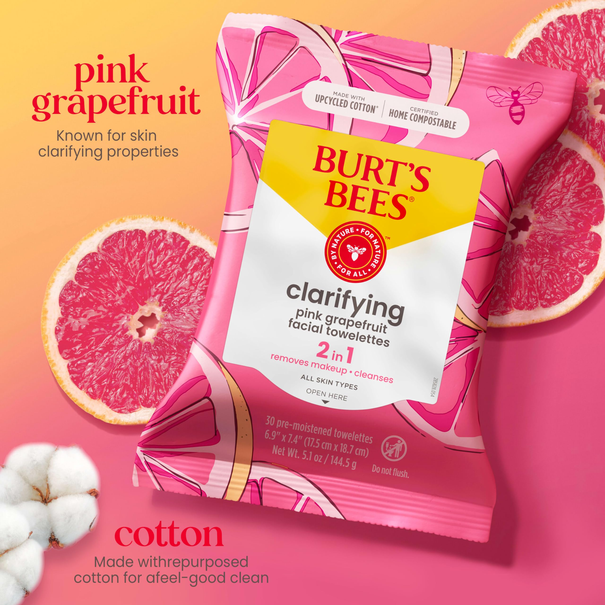 Burt's Bees Clarifying Facial Towelettes With Pink Grapefruit, Pre-Moistened Towelettes for All Skin Types, 99 Percent Natural Origin Skin Care, 30 ct. Package