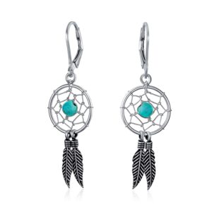 blue turquoise western jewelry native american indian dream catcher feather dangle earrings for women teen .925 sterling silver