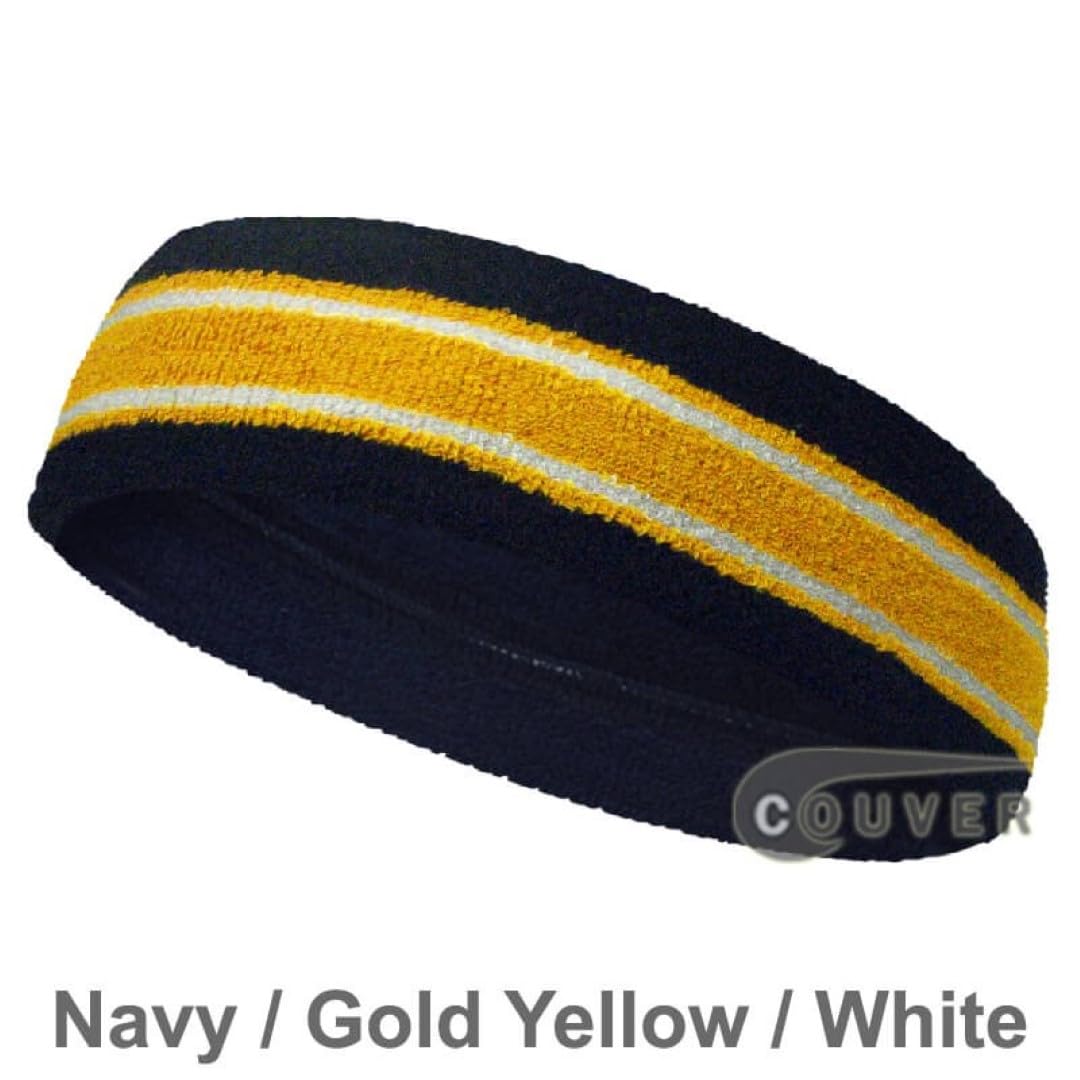 COUVER HB777 Long Thick Sports Basketball Headband for Large Head (1 Piece) Navy/Golden Yellow/White