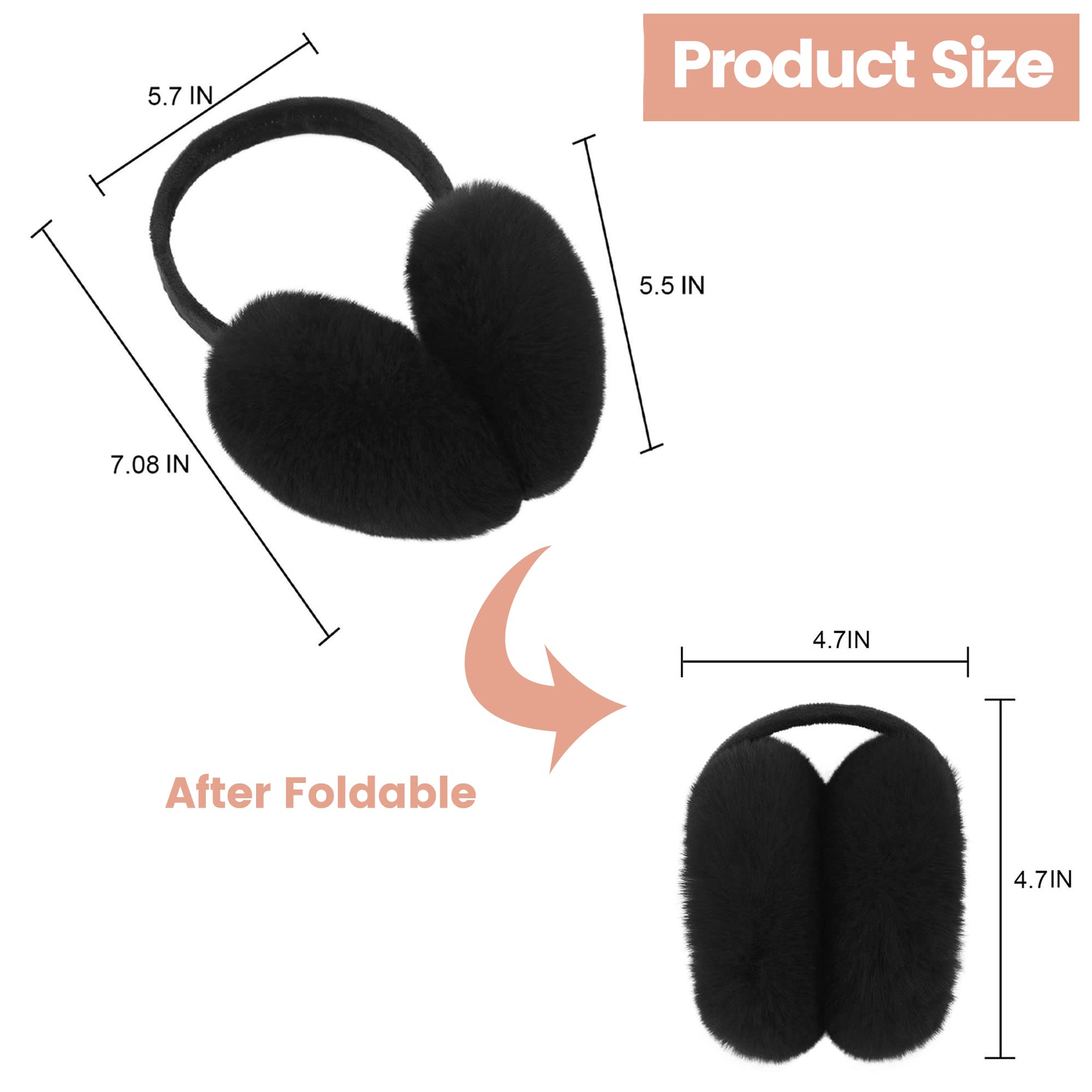 Simplicity Black Ear Muffs For Winter Men Warm Ear Warmers for Women Faux Furry Winter Ear Muffs Foldable Earmuffs for Women Winter Camping Outdoor Sports, Black