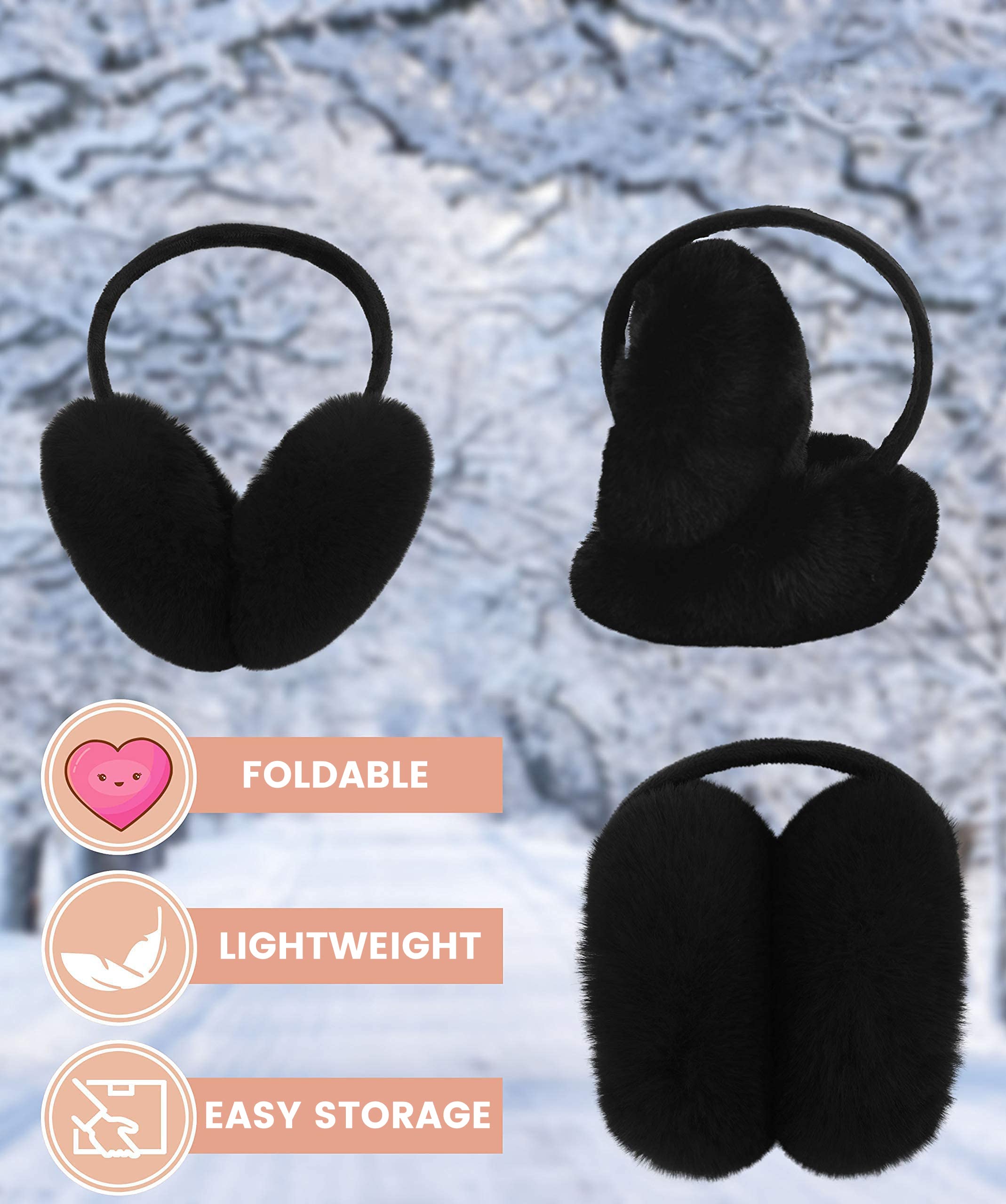 Simplicity Black Ear Muffs For Winter Men Warm Ear Warmers for Women Faux Furry Winter Ear Muffs Foldable Earmuffs for Women Winter Camping Outdoor Sports, Black