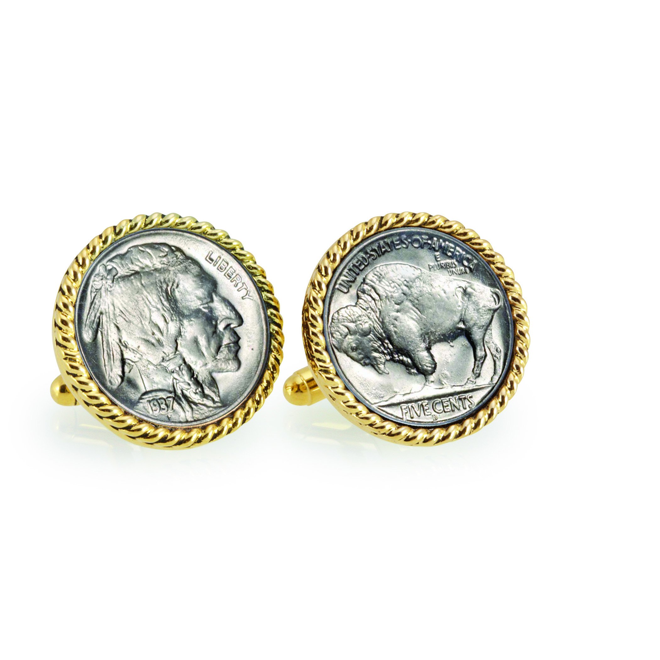 American Coin Treasures Buffalo Nickel Goldtone Rope Bezel Coin Cuff Links