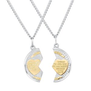 men's or women's mizpah two-tone (925 sterling silver & sterling silver w/ gold-tone accents) breakaway (two halves friendship necklace) medallion pendant necklace w/ 20" & 24" inch stainless steel