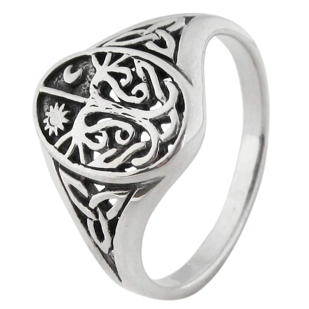 Sterling Silver Norse Tree of Life Ring with Sun and Moon Size 8