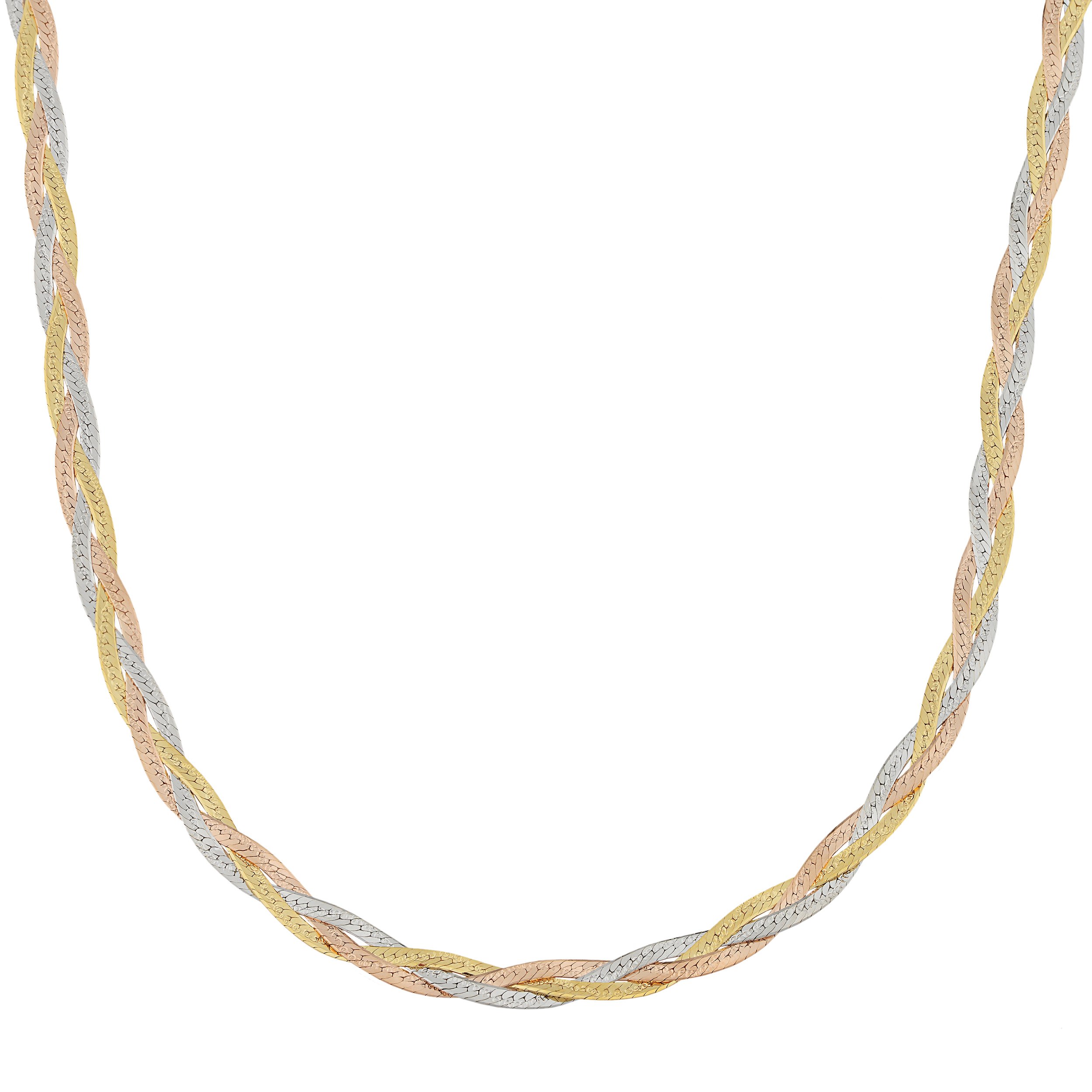 Kooljewelry 10k Tricolor Gold Braided Herringbone Chain Necklace for Women (3.4 mm, 18 inch)