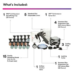 3M Performance Spray Gun Starter Kit, 26778, Includes PPS 2.0 Paint Spray Cup System, 15 Replaceable Gravity HVLP Atomizing Heads, Air Control Valve