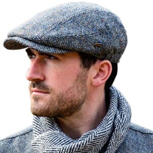 Men's Authentic Irish Wool Flat Cap - Traditional Herringbone Style, Made in Ireland, Gray, Medium