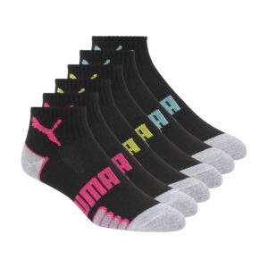 puma womens 6 pack quarter crew athletic socks, black, 9 11 us