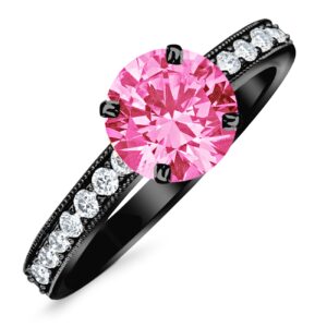 houston diamond district 1.05 carat 14k black gold classic side stone pave set with milgrain diamond engagement ring, with a 0.75 carat natural pink sapphire center (heirloom quality)