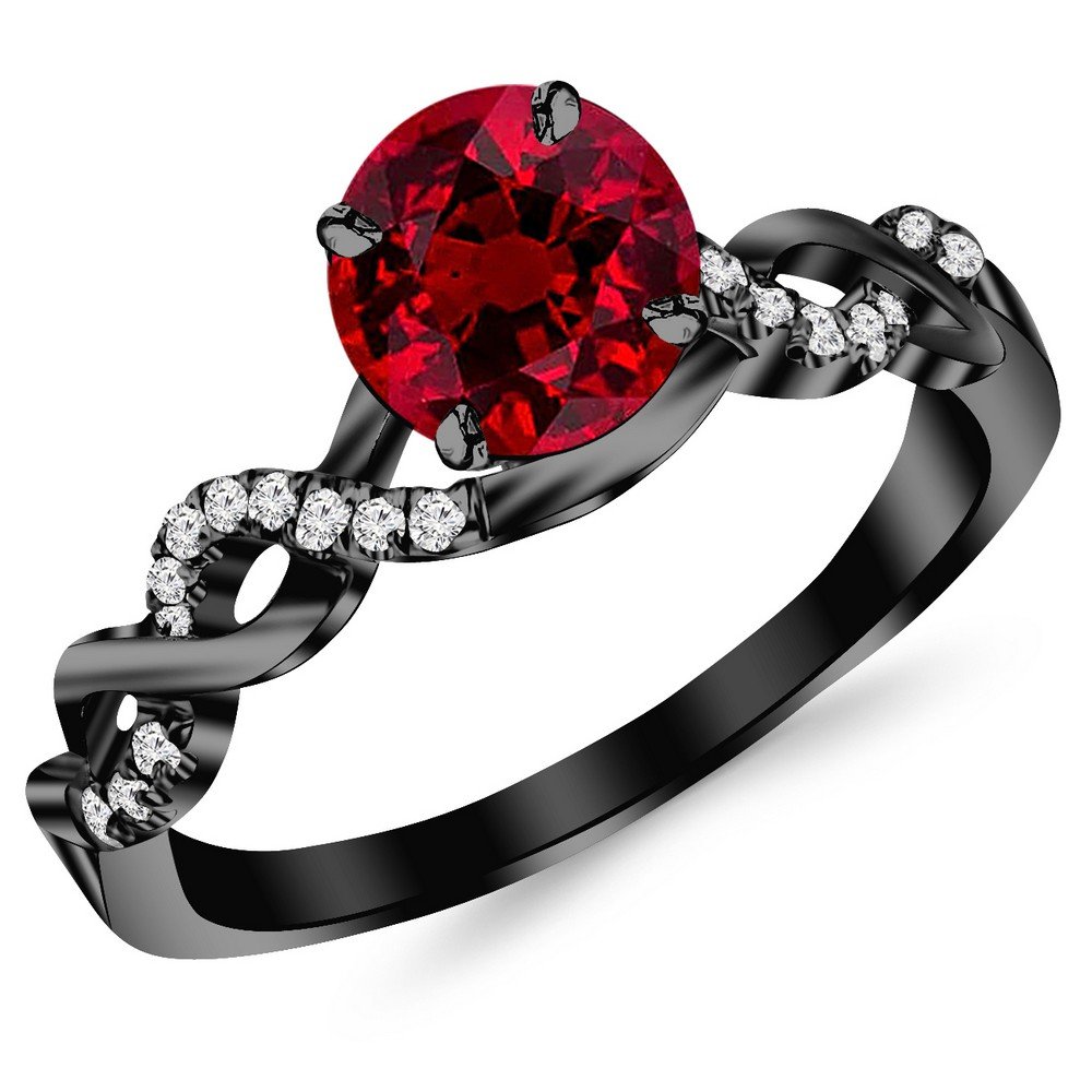 Houston Diamond District, 0.63 Carat 14K Black Gold Twisting Infinity Gold and Diamond Split Shank Pave Set Diamond Engagement Ring with a 0.5 Carat Natural Ruby Center (Heirloom Quality)