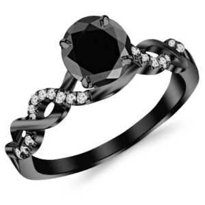 0.88 carat 14k black gold twisting infinity gold and diamond split shank pave set diamond engagement ring with a 0.75 carat black diamond center (heirloom quality)