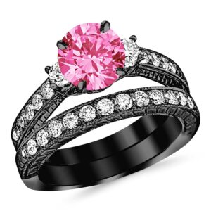 1.78 carat 14k black gold three stone vintage with milgrain & filigree bridal set with wedding band & diamond engagement ring with a 0.75 carat natural pink sapphire center (heirloom quality)