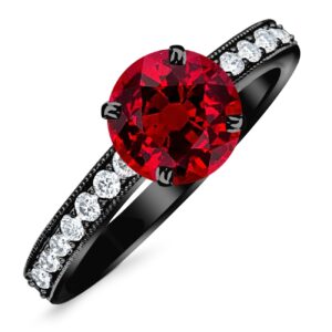 houston diamond district 0.8 carat 14k black gold classic side stone pave set with milgrain diamond engagement ring with a 0.5 carat natural ruby center (heirloom quality)