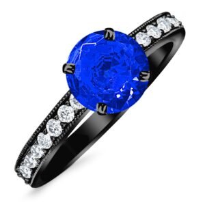 0.8 carat 14k black gold classic side stone pave set with milgrain diamond engagement ring with a 0.5 carat natural blue sapphire center (heirloom quality)