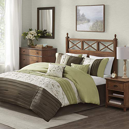 Madison Park Serene Faux Silk Comforter Set - Floral Embroidery Design, All Season Bedding Set, Matching Bed Skirt, Decorative Pillows, Green Queen(90"x90") 7 Piece