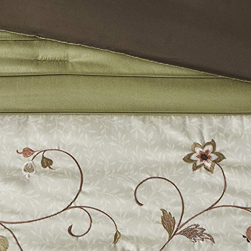 Madison Park Serene Faux Silk Comforter Set - Floral Embroidery Design, All Season Bedding Set, Matching Bed Skirt, Decorative Pillows, Green Queen(90"x90") 7 Piece