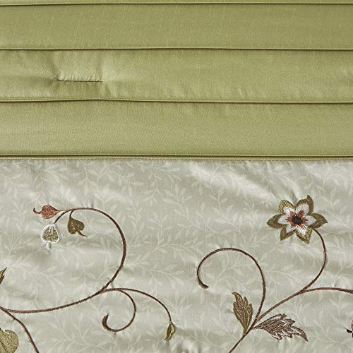 Madison Park Serene Faux Silk Comforter Set - Floral Embroidery Design, All Season Bedding Set, Matching Bed Skirt, Decorative Pillows, Green Queen(90"x90") 7 Piece