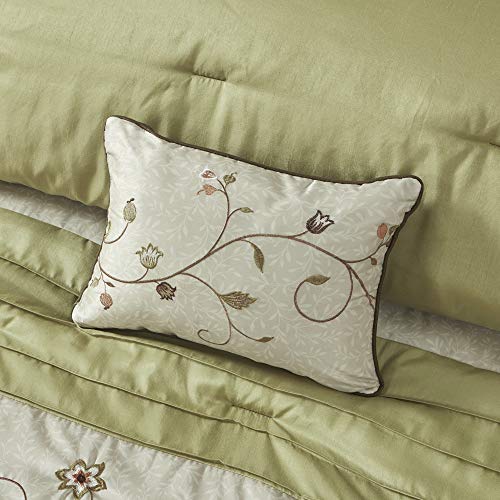 Madison Park Serene Faux Silk Comforter Set - Floral Embroidery Design, All Season Bedding Set, Matching Bed Skirt, Decorative Pillows, Green Queen(90"x90") 7 Piece