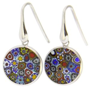 glass of venice italian murano glass earrings dangle round multicolor millefiori flower in sterling silver - murano glass earrings for women