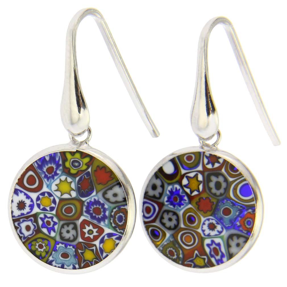 Glass Of Venice Italian Murano Glass Earrings Dangle Round Multicolor Millefiori Flower In Sterling Silver - Murano Glass Earrings For Women