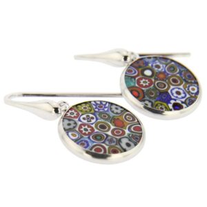 Glass Of Venice Italian Murano Glass Earrings Dangle Round Multicolor Millefiori Flower In Sterling Silver - Murano Glass Earrings For Women