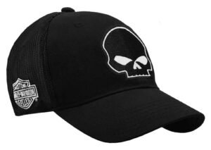 harley-davidson men's willie g skull logo curved brim mesh trucker cap - black