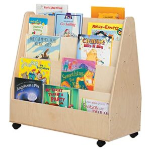 contender fully assembled double-sided book cart on wheels, baltic birch book display stand, wood montessori bookshelf organizer for kids in natural finish