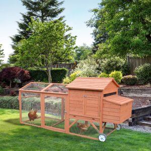 PawHut 96.5" Chicken Coop Wooden Hen House Poultry Cage Pen Portable with Wheels and Nesting Box, Chicken Cage for Backyard Outdoor, Natural