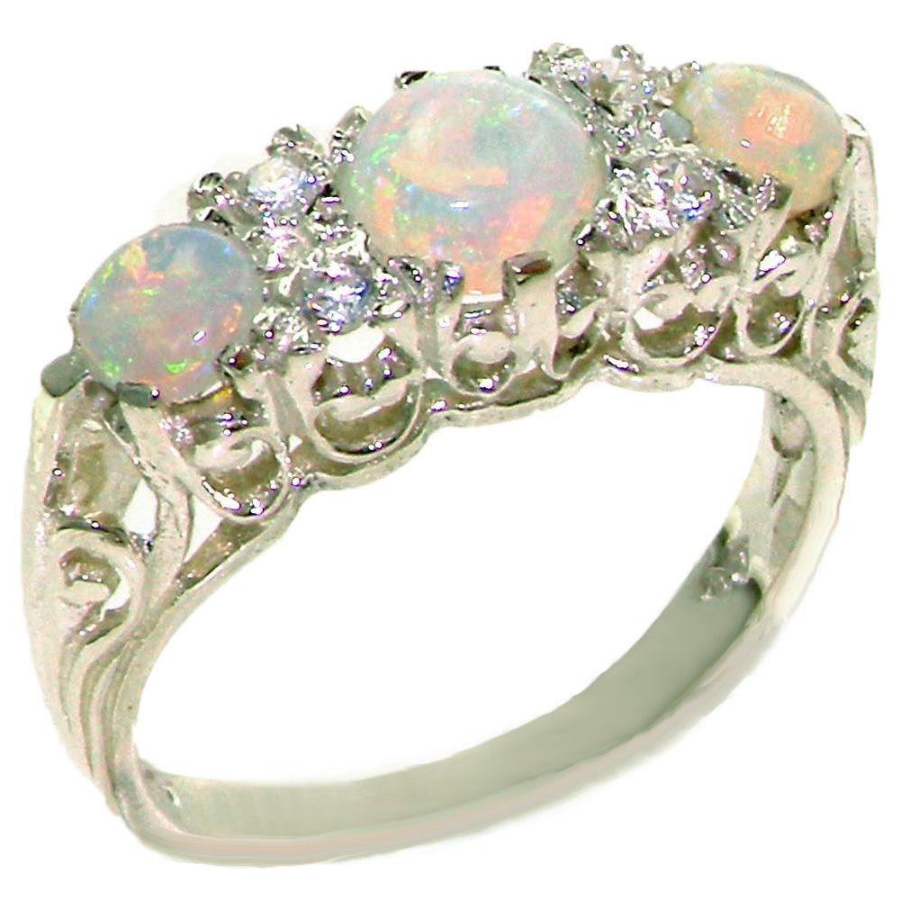 LetsBuyGold 925 Sterling Silver Natural Opal and Diamond Womens Cluster Ring - Sizes 4 to 12 Available