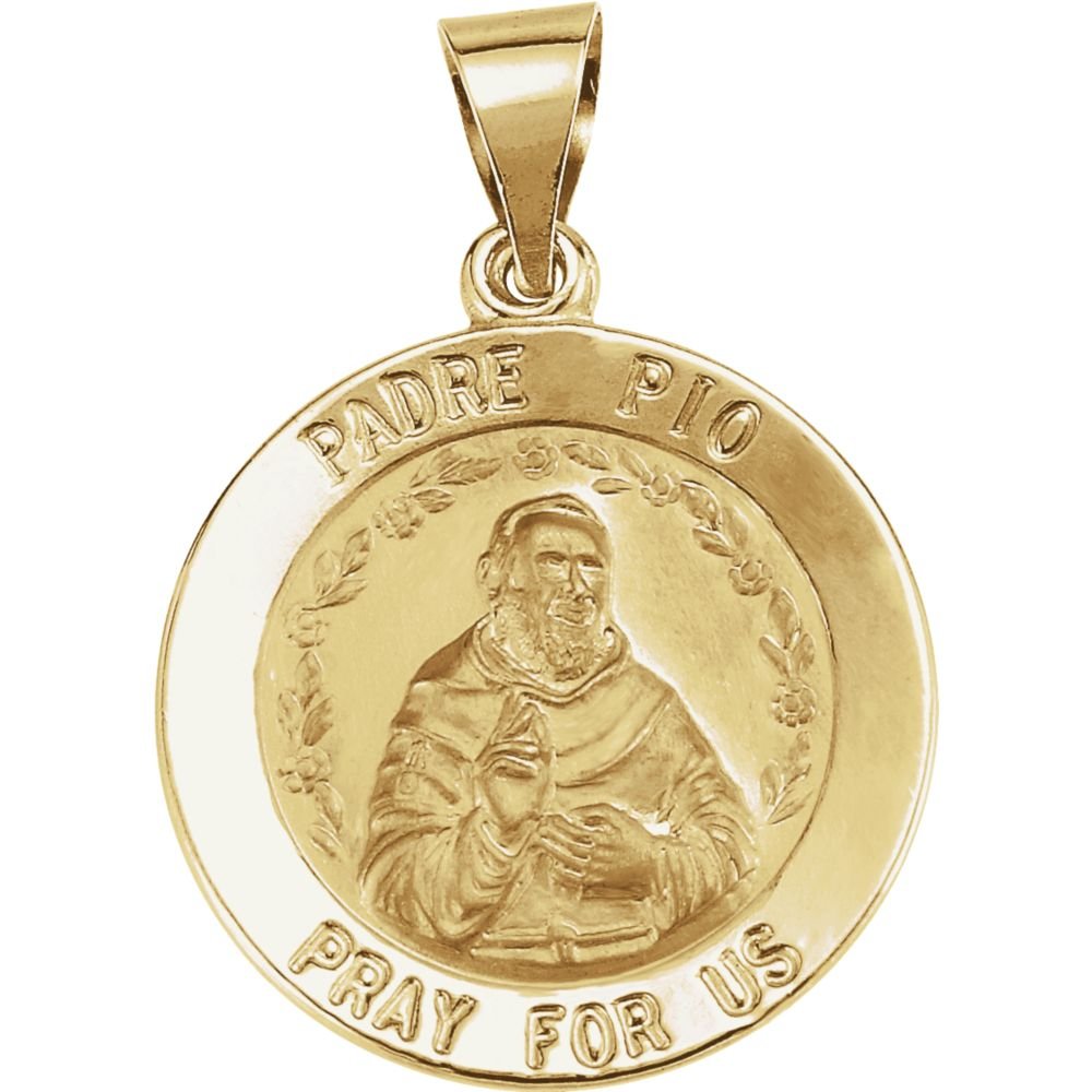 Bonyak Jewelry 14k Yellow Gold 18 mm Round Hollow Padre Pio Medal