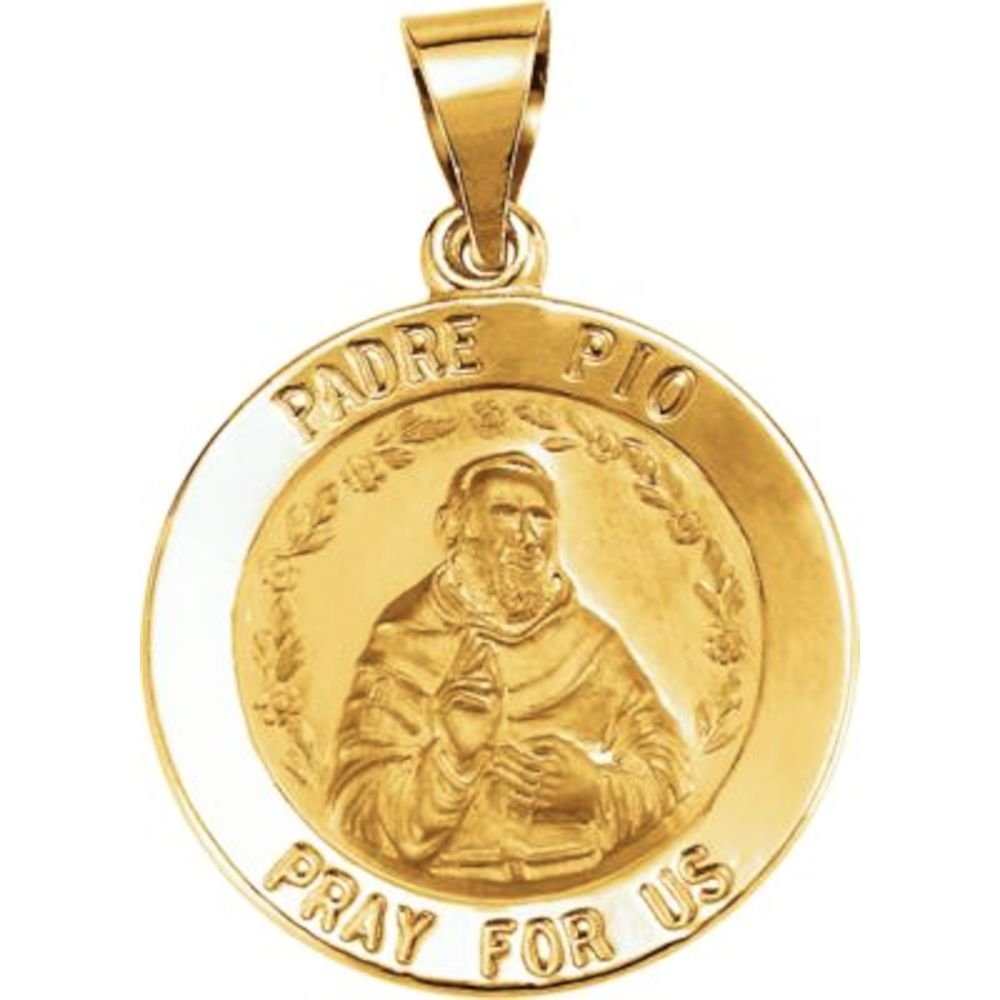 Bonyak Jewelry 14k Yellow Gold 18 mm Round Hollow Padre Pio Medal