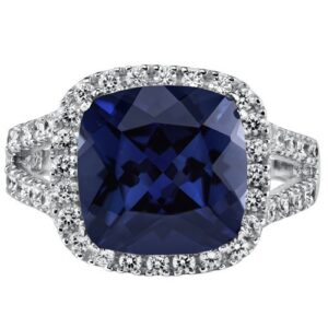 PEORA Created Blue Sapphire Signature Ring for Women 925 Sterling Silver, Large 7.75 Carats Cushion Cut 11mm, Size 7