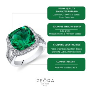 PEORA 6.50 Carats Simulated Emerald Ring for Women 925 Sterling Silver, 11mm Cushion Cut, Size 7