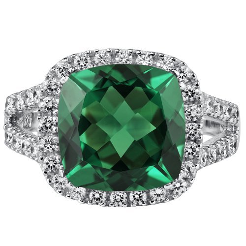 PEORA 6.50 Carats Simulated Emerald Ring for Women 925 Sterling Silver, 11mm Cushion Cut, Size 7