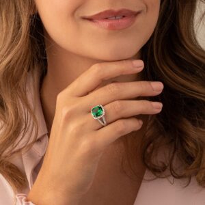 PEORA 6.50 Carats Simulated Emerald Ring for Women 925 Sterling Silver, 11mm Cushion Cut, Size 7