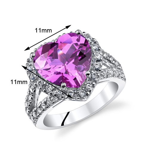 PEORA 5.00 Carats Heart Shape Created Pink Sapphire Ring Sterling Silver Size 6