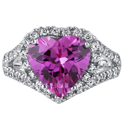 PEORA 5.00 Carats Heart Shape Created Pink Sapphire Ring Sterling Silver Size 6