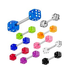 bodyjewelryonline barbell tongue rings pack [10 pieces], acrylic dice, 14 gauge (5/8-16mm) size, high-grade 316l surgical steel, multi-usage, autoclavable, nickel-free, hypoallergenic