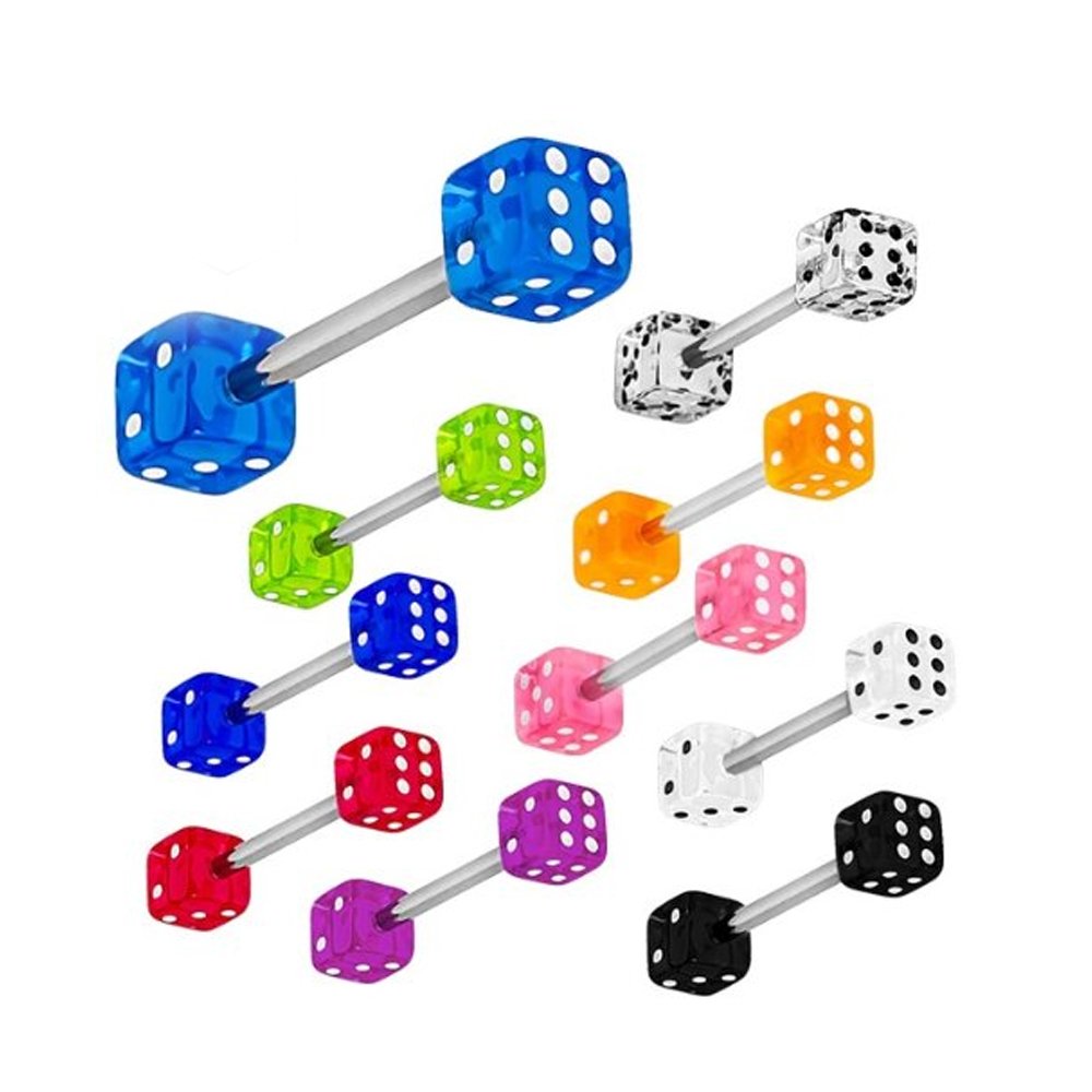 BodyJewelryOnline Barbell Tongue Rings Pack [10 Pieces], Acrylic Dice, 14 Gauge (5/8-16mm) Size, High-Grade 316L Surgical Steel, Multi-Usage, Autoclavable, Nickel-Free, Hypoallergenic