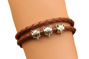 fox bracelet,cute fox head charm bracelet,brown leather rope bracelet,birthday gift