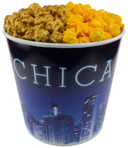 signature popcorn - gourmet 1-gallon blue chicago skyline reusable plastic bucket tin - half caramel half cheddar cheese flavor