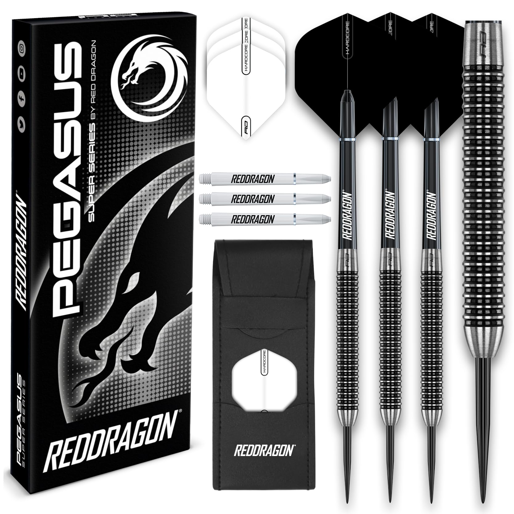 RED DRAGON PEGASUS TUNGSTEN STEEL DARTS SET - 24 Gram - Black Stems and Black Flights