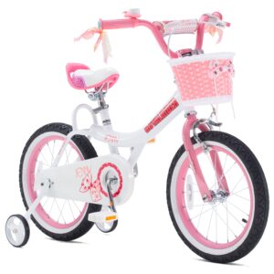 royalbaby princess girl children's bicycle outdoor ride-on bike with training wheels, kickstand, adjustable seat and basket, 16 inch, jenny/white-pink