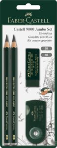 faber-castell 9000 jumbo graphite pencil set - 2 graphite sketch pencils (2b, 4b), double hole pencil sharpener, dust free art eraser - graphite pencils for drawing, sketching and shading